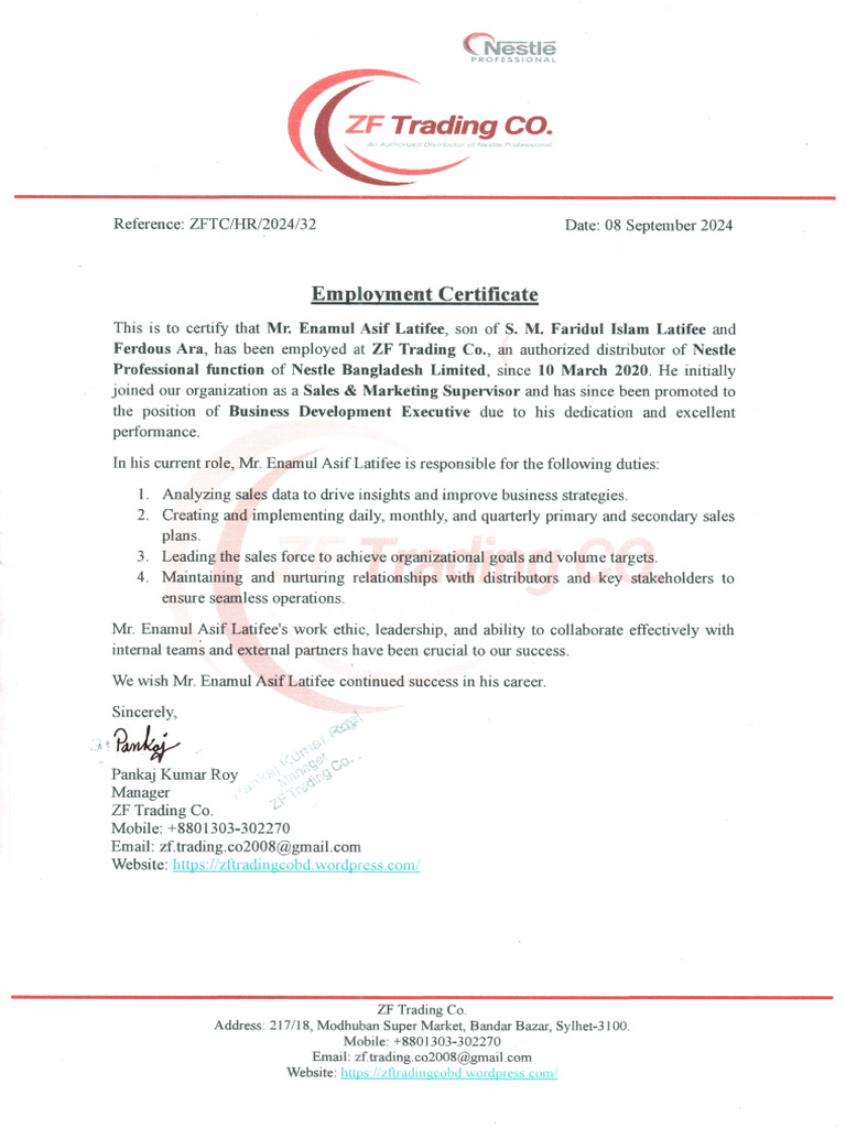 CQU EAL ZF Employment Certificate | PDF