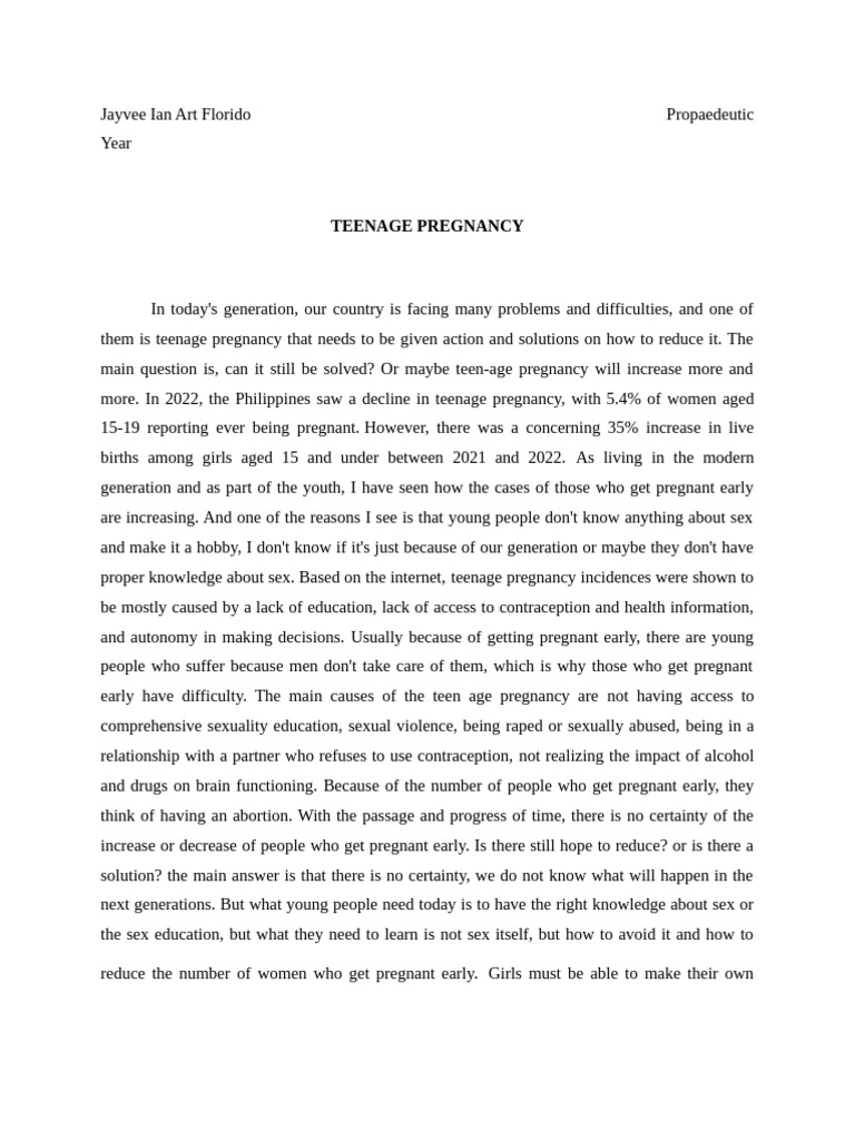 Jayvee Ian Art Florido Propaedeutic Year | PDF | Teenage Pregnancy ...