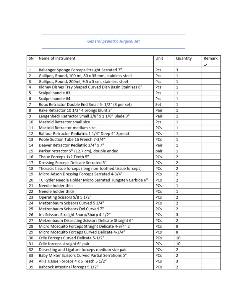 Pediatric Surgical Sets Check List | PDF
