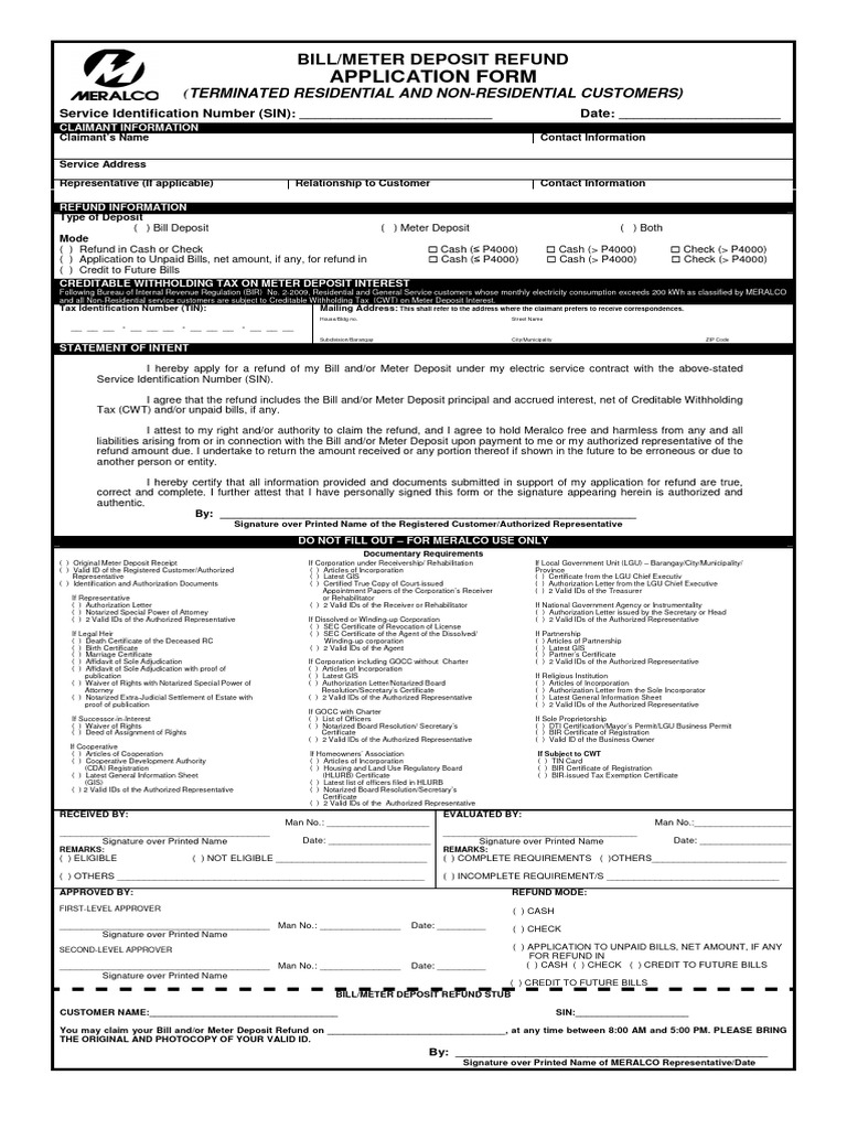 Bill and Meter Deposit Refund Application Form (Revised) | PDF ...