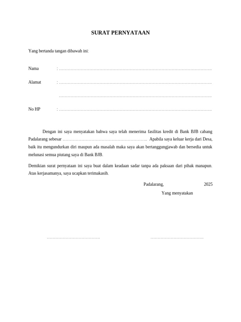 Surat Pernyataan Kredit Bank BJB | PDF