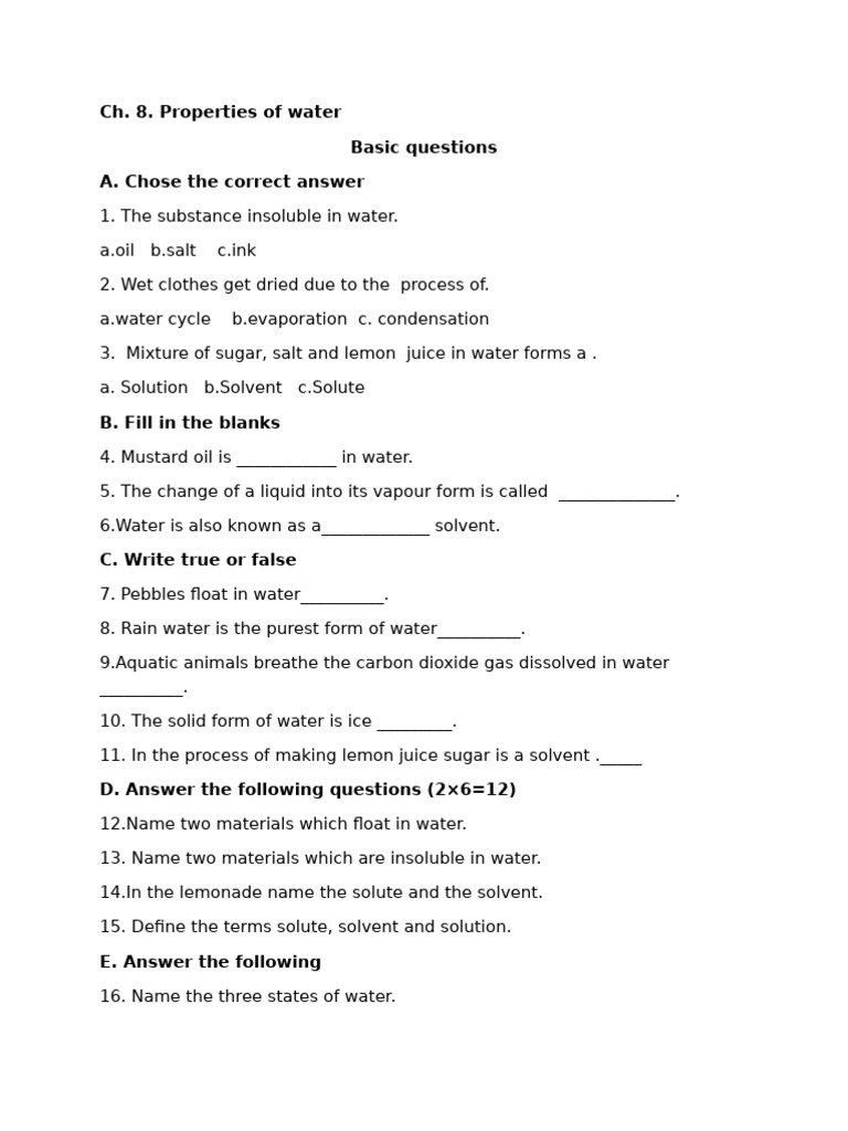 Class 5 Science: Water Properties Q&A | PDF