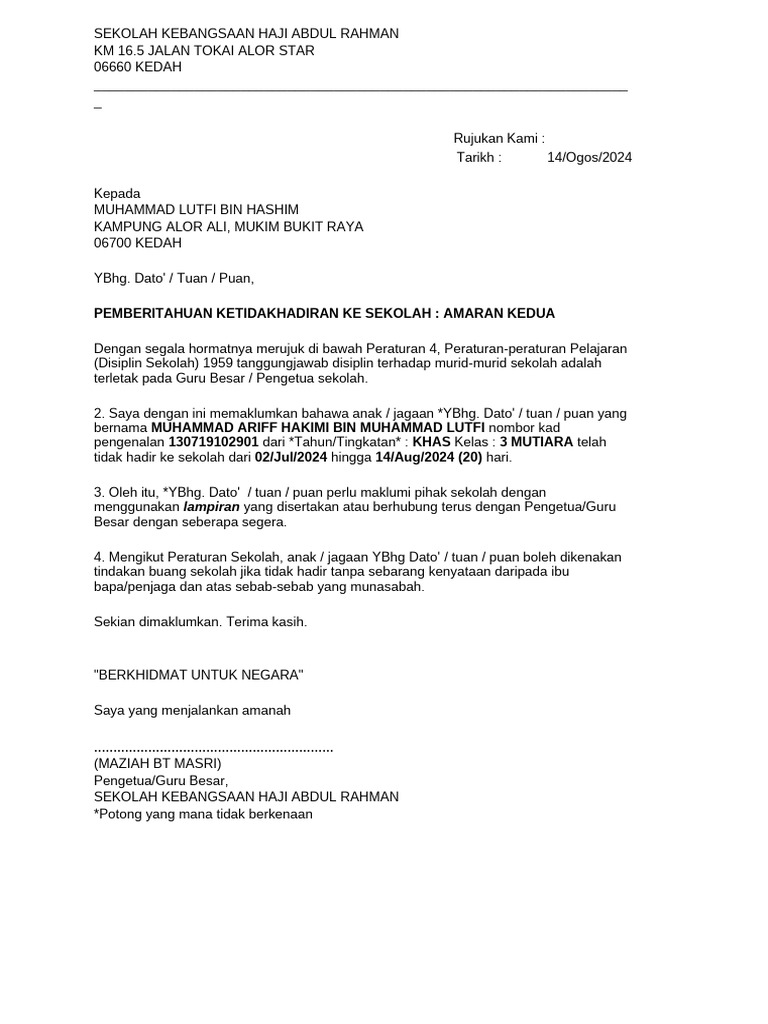 Surat Amaran Kedua Ariff 3M Ponteng Tidak Berturut | PDF