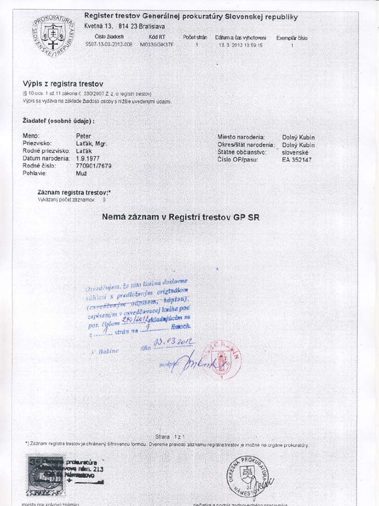 Výpis Z Registra Trestov | PDF