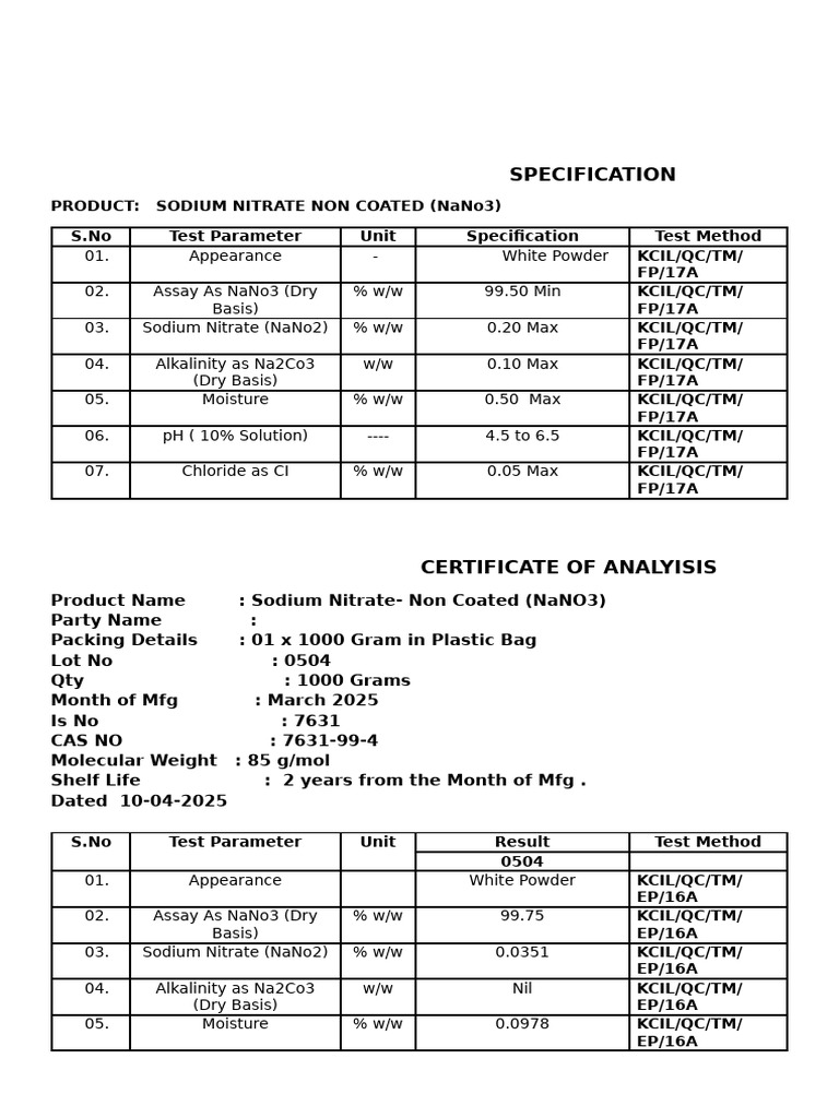 Specification - Soidum Nitrate (Non Coated) - Kutch | PDF | Sodium ...
