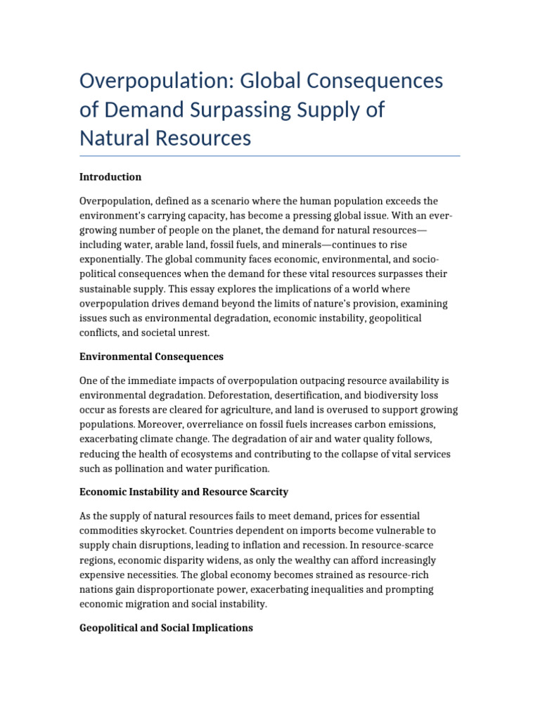 Overpopulation Resource Demand Essay | PDF | Environmental Degradation | Human Overpopulation