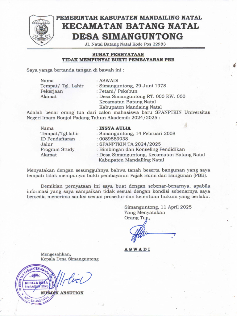 Surat Tidak Membayar PBB | PDF