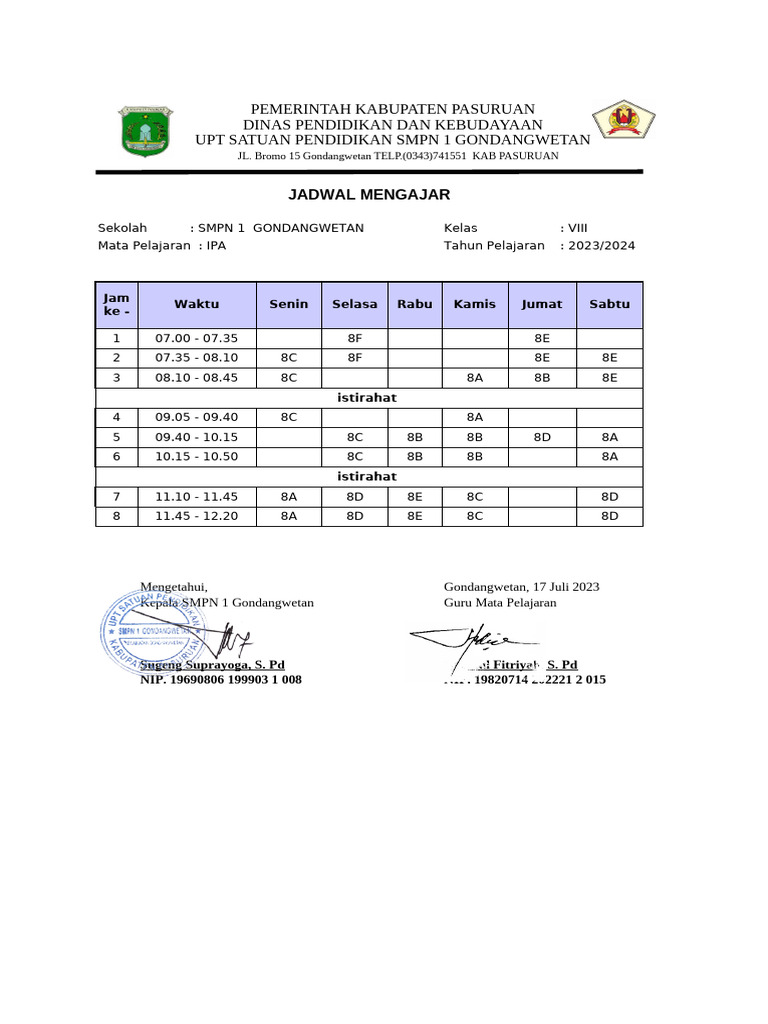 Jadwal Mengajar | PDF