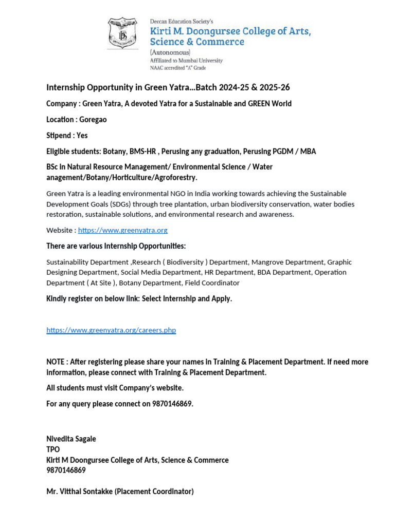 Green Yatra Internship Opportunities 2024-26 | PDF