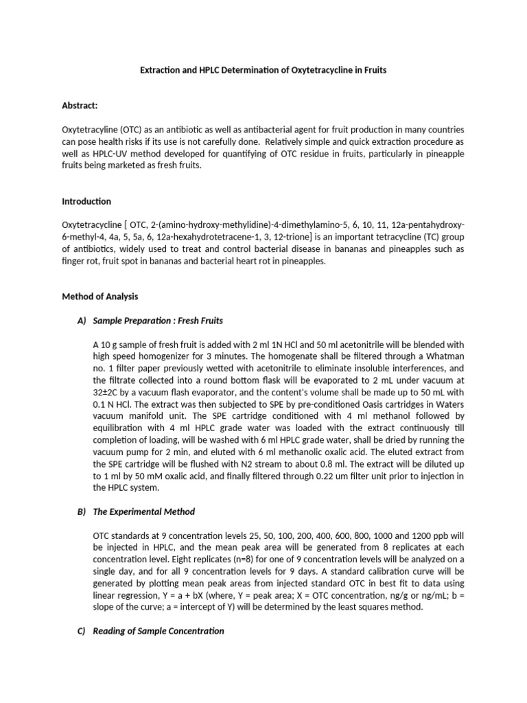 Extraction And Hplc Determination Of Oxytetracycline In Fruits Pdf High Performance Liquid