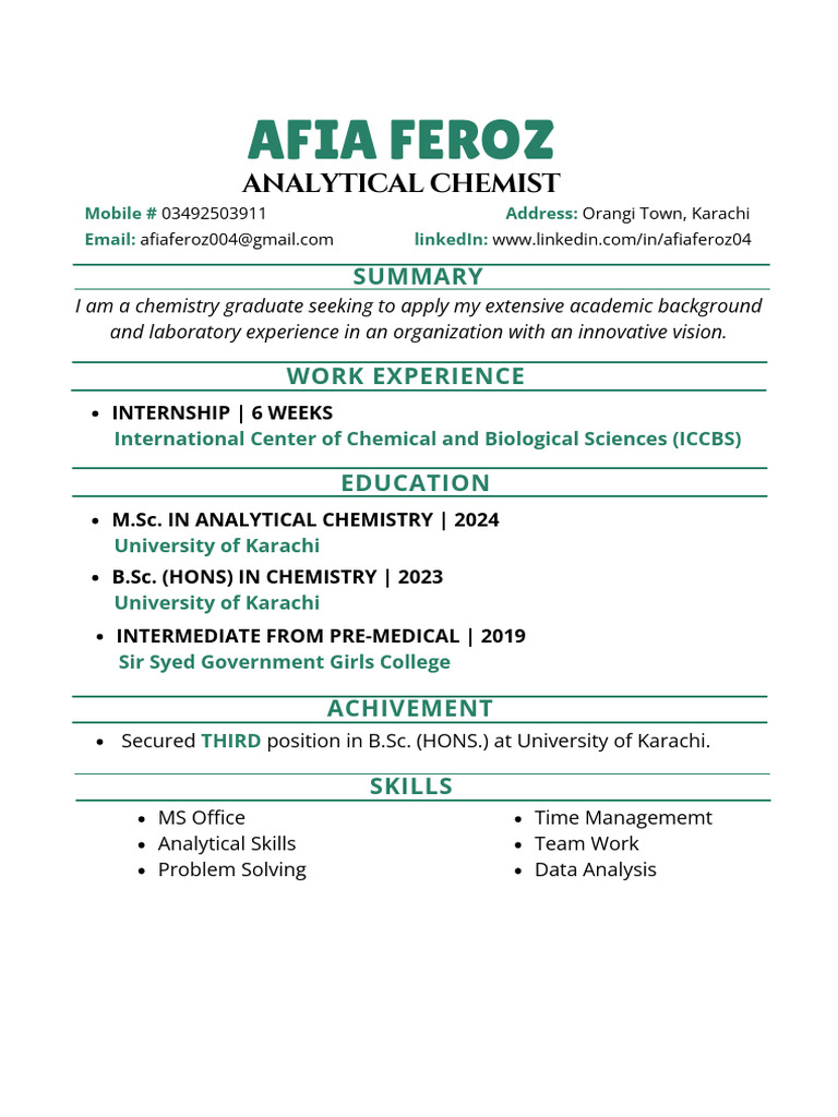 AFIA FEROZ Analytical Chemist Resume | PDF