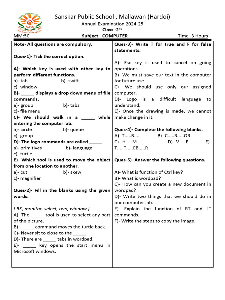 Class 2 Computer Exam 2024-25 Guide | PDF