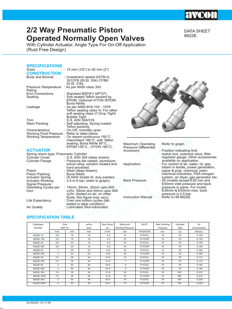 Avcon 6622E 2way NO On-Off Valve Page 1 | PDF | Valve | Gases