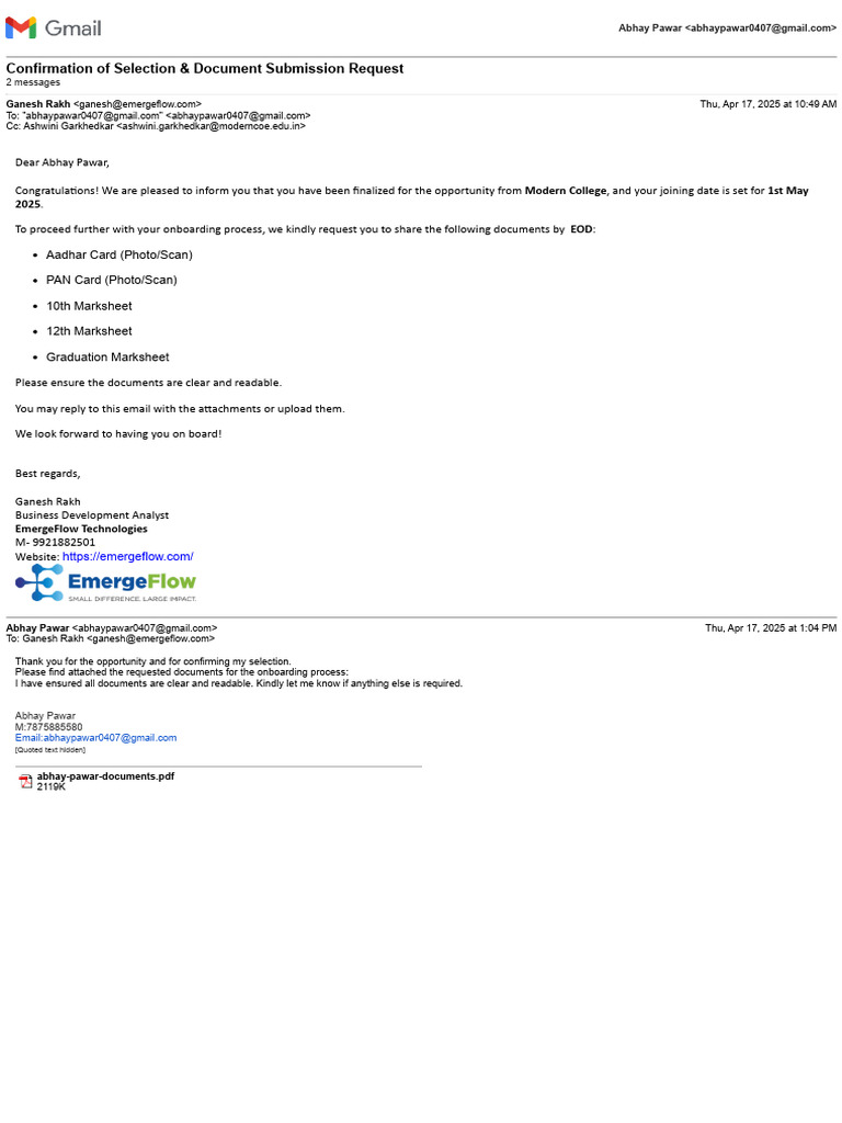 Selection Confirmation and Document Request | PDF