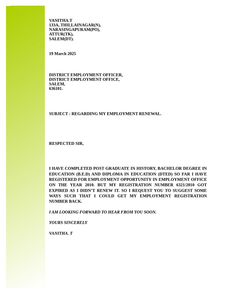 Vanitha Employment Letter | PDF