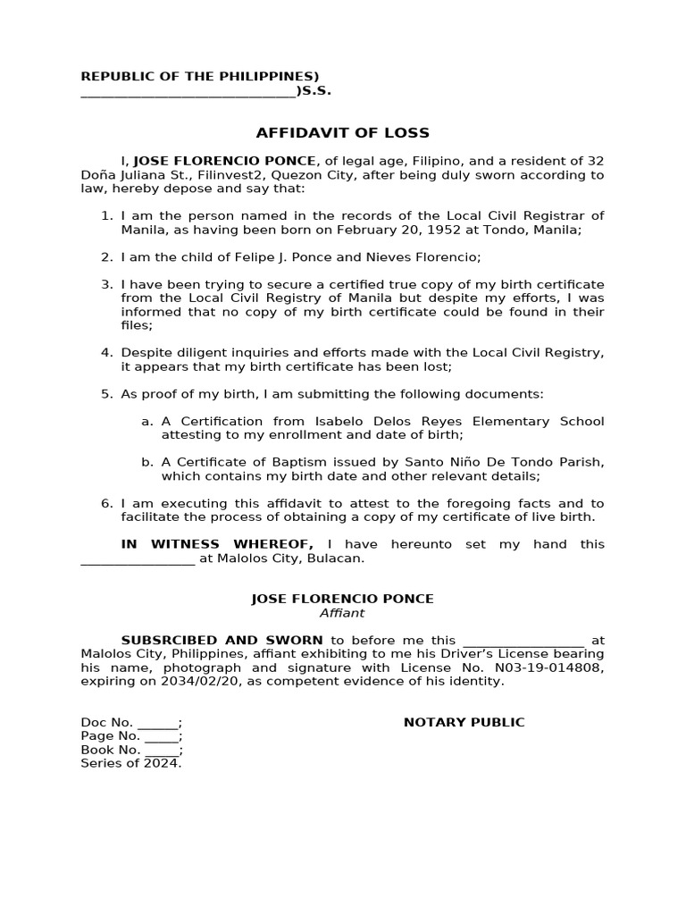 Affidavit of Loss (Birth Certificate) | PDF