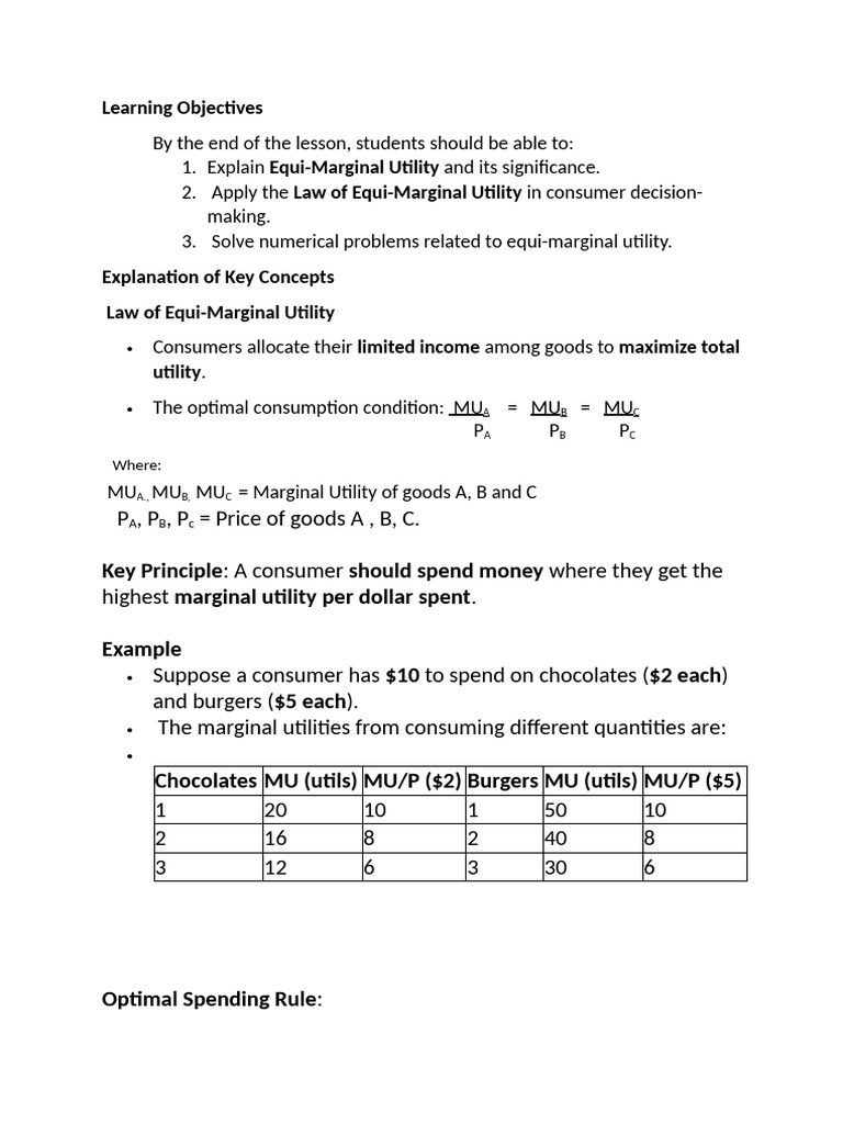 Equi-Marginal Utility in Consumer Choices | PDF