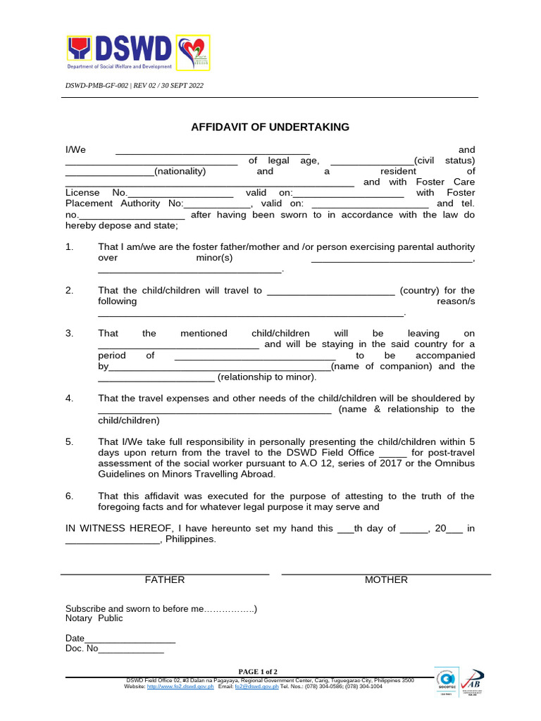DSWD PMB GF 002 - REV 02 - Foster Parent Affidavit of Undertaking 1 | PDF | Family | Child Welfare