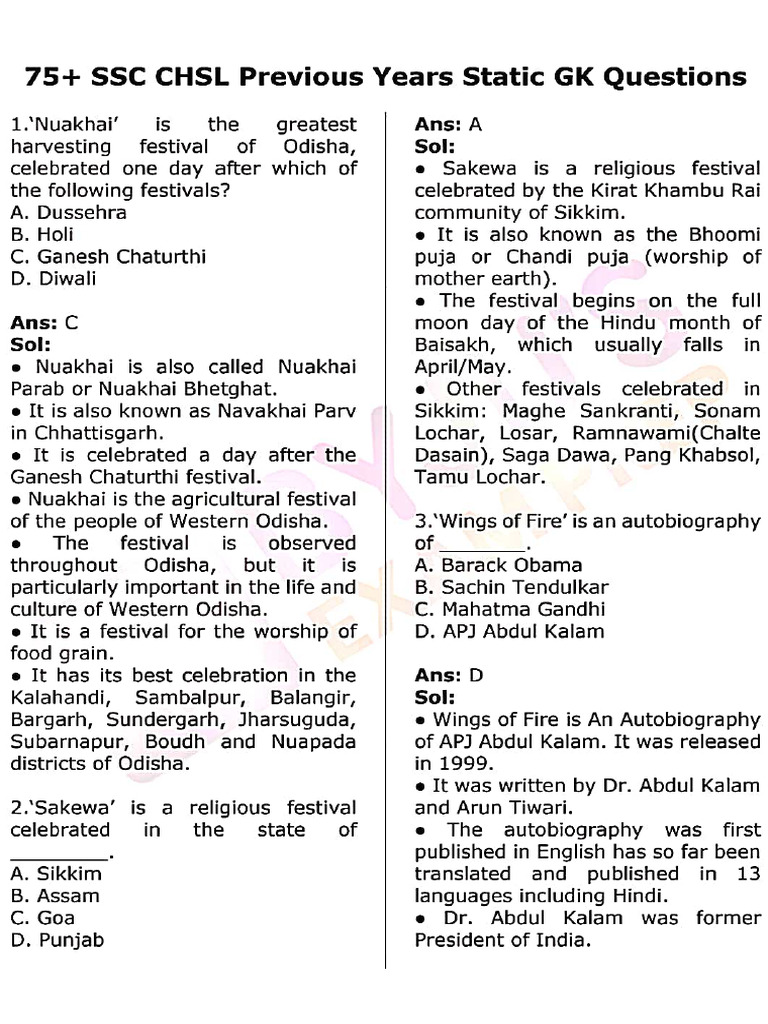 75+ Static GK Questions Asked in SSC CGL 2024 | PDF