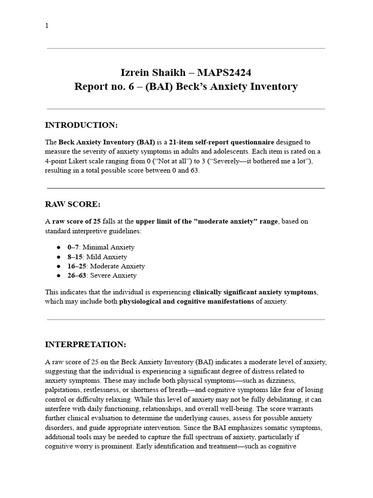 BAI Report - Izrein Shaikh - MAPS2424 | PDF | Anxiety | Anxiety Disorder