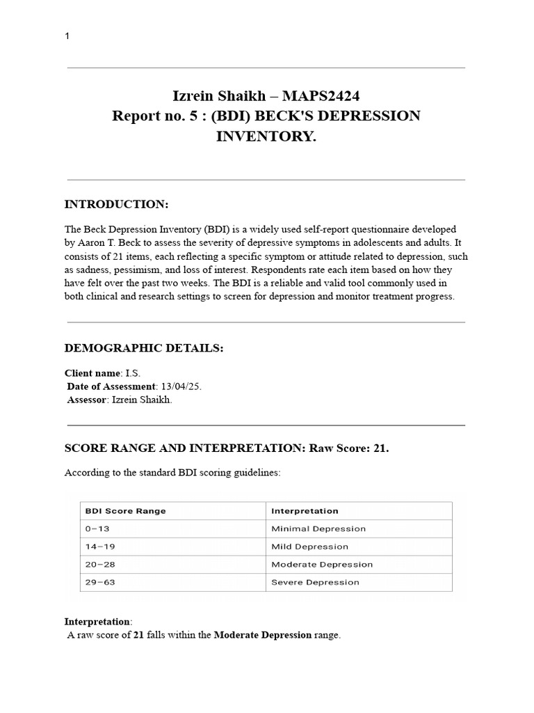 BDI Report - Izrein Shaikh - MAPS2424 | PDF | Major Depressive Disorder ...