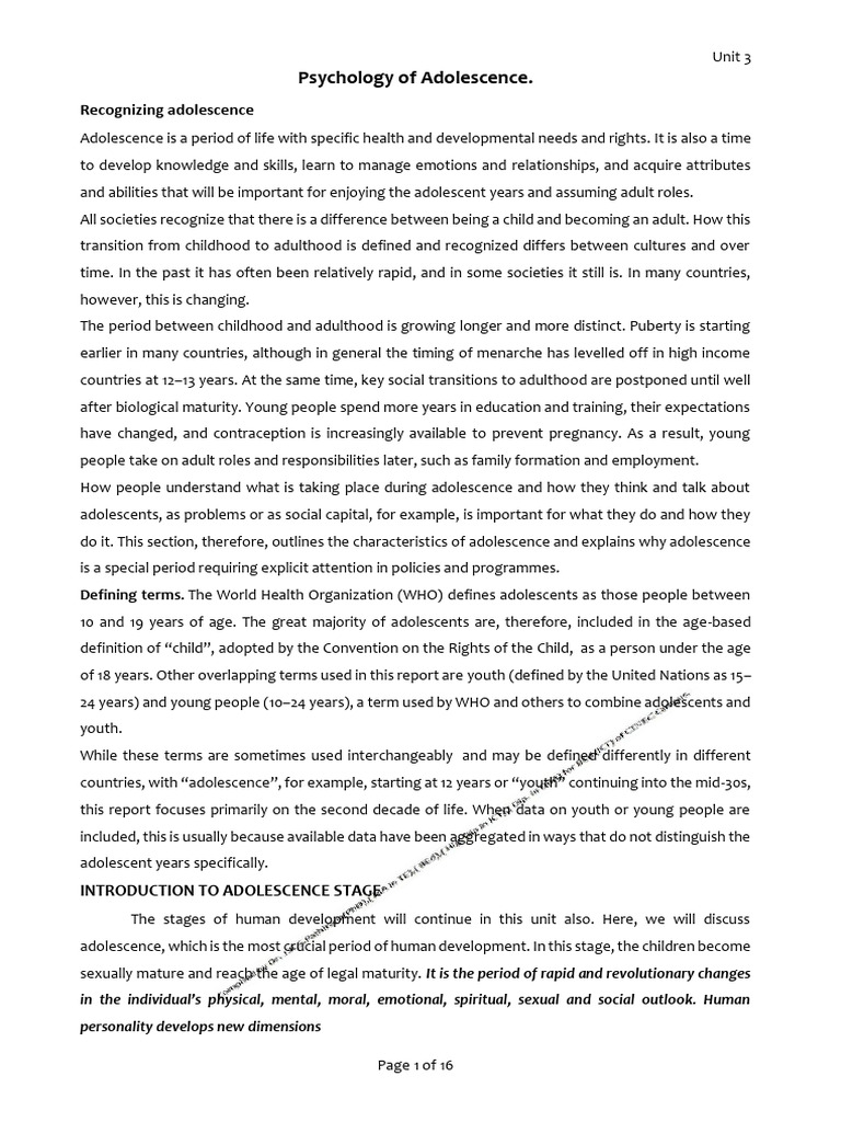 Topic 4 Psychology of Adolescence. (Unit 3) (Print) | PDF | Adolescence ...