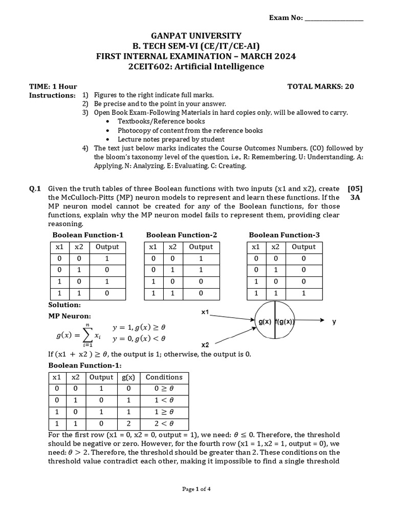 Ganpat University AI Exam Paper 2024 | PDF | Boolean Algebra | Teaching ...