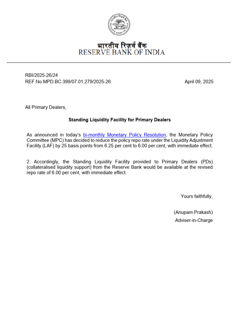 Revised Repo Rate for Standing Liquidity | PDF