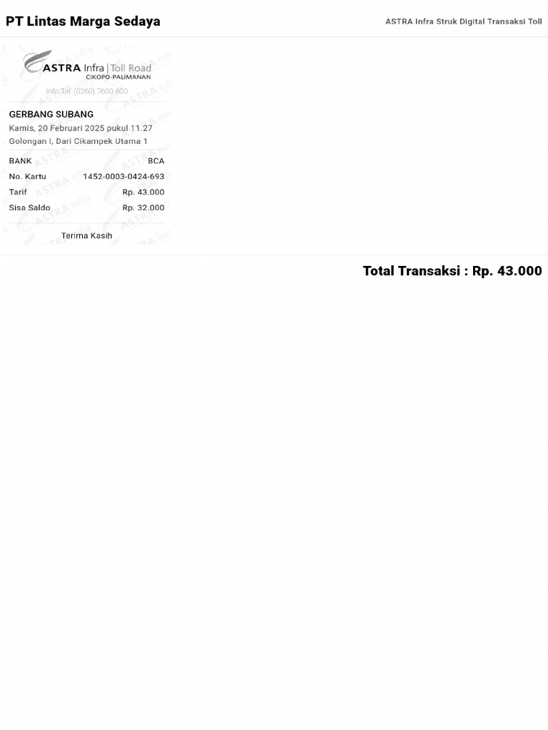 ASTRA Infra Struk Digital Transaksi Toll - 2025220181729 | PDF