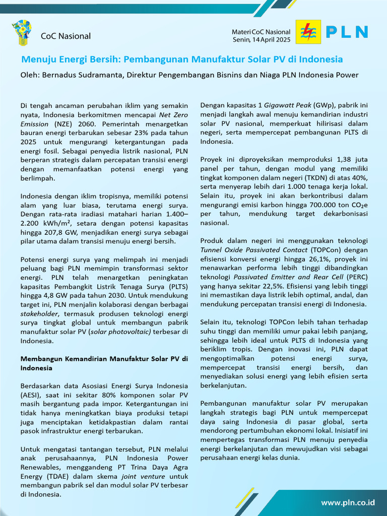 12. Materi CoC Nasional - Menuju Energi Bersih - Pembangunan Manufaktur Solar PV Di Indonesia | PDF