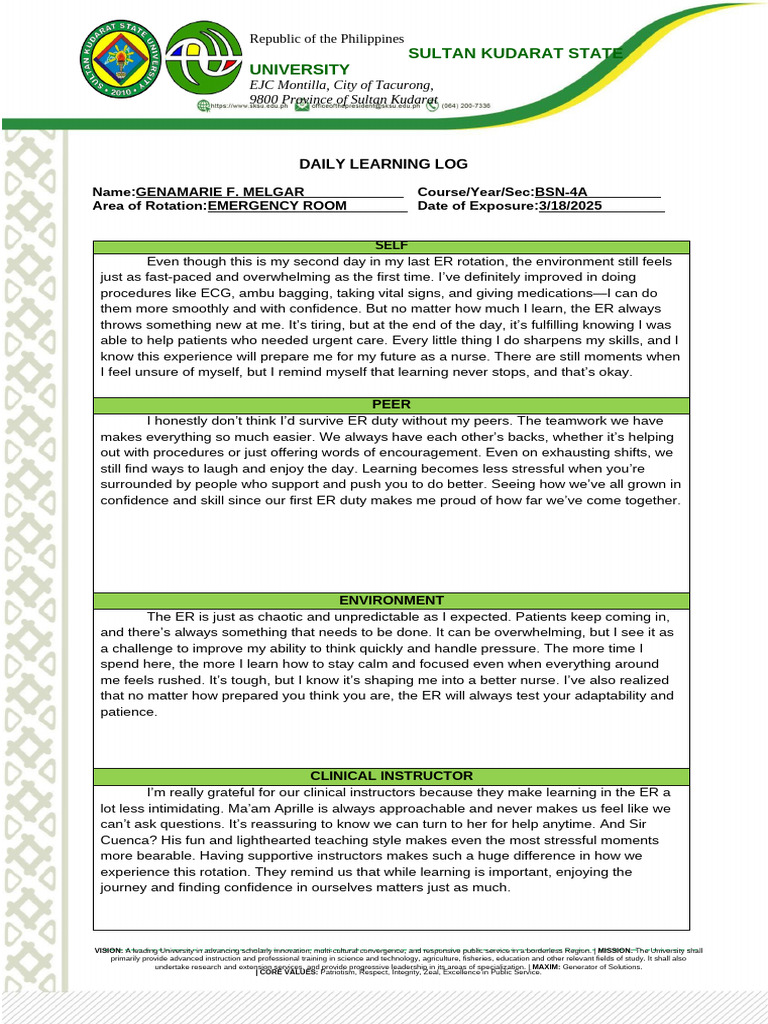 Daily Learning Log: ER Rotation Insights | PDF | Learning