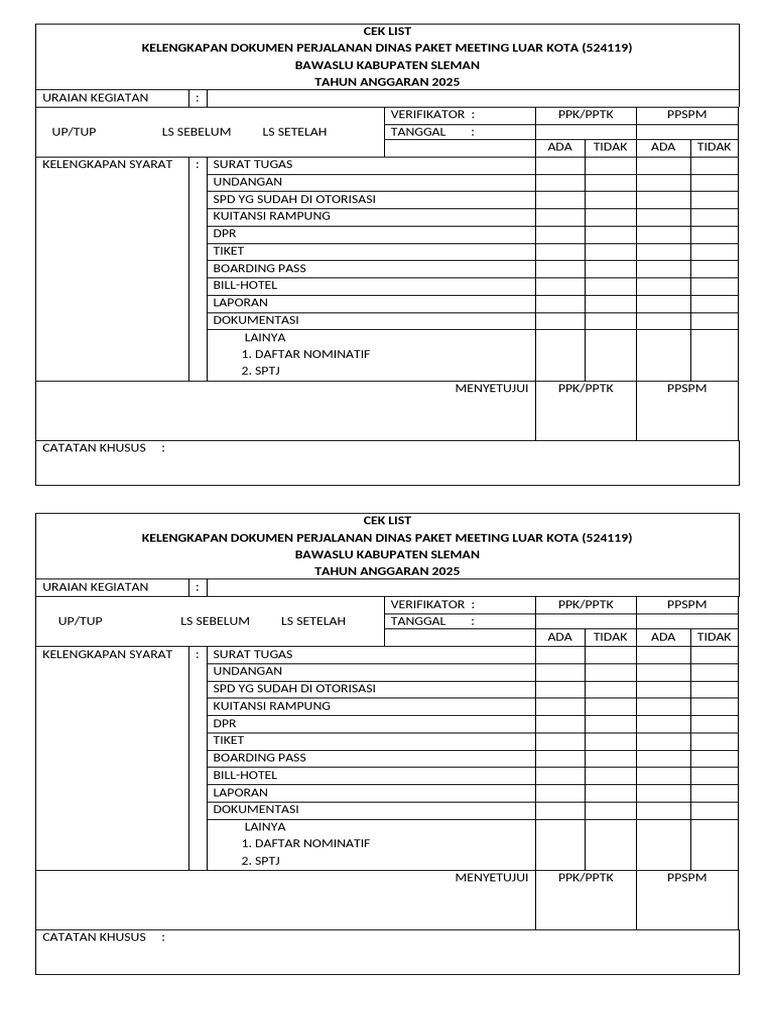 Ceklist SPPD Paket Meeting | PDF