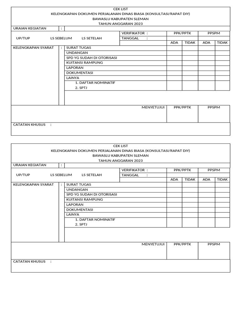 Cek List Dokumen Perjalanan Dinas 2023 | PDF