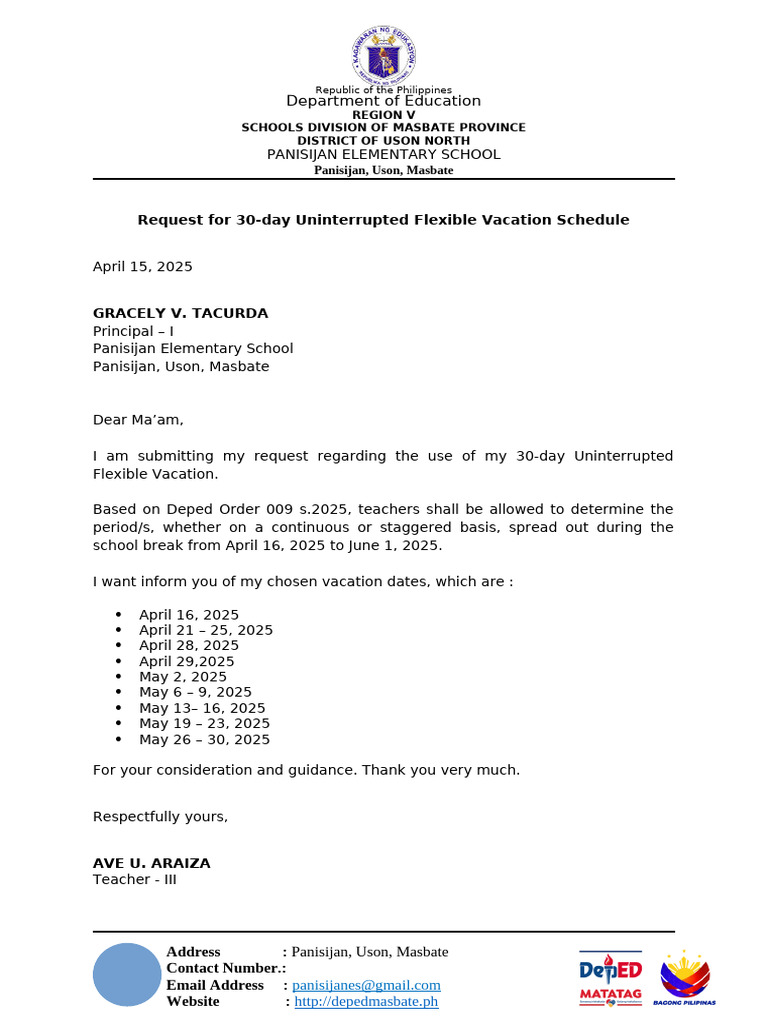 Letter Intent For 30 Days Vacation | PDF