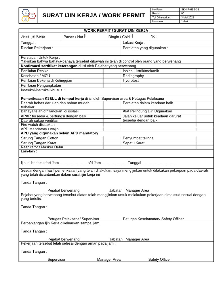 SKH F HSE 33 Surat Ijin Kerja | PDF