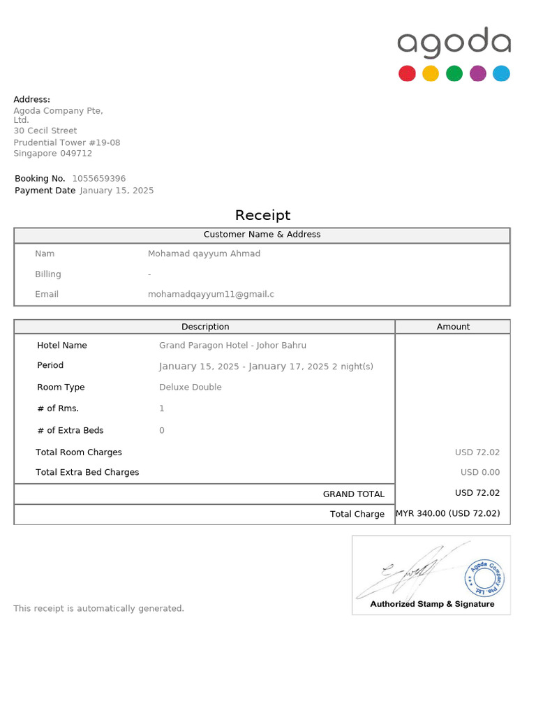 Agoda Booking ID 1055659285 – RECEIPT Enclosed | PDF