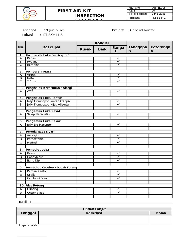 Skh f Hse 06 Inspeksi p3k | PDF