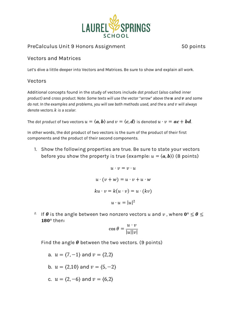 Vectors and Matrices in Precalculus | PDF | Euclidean Vector ...