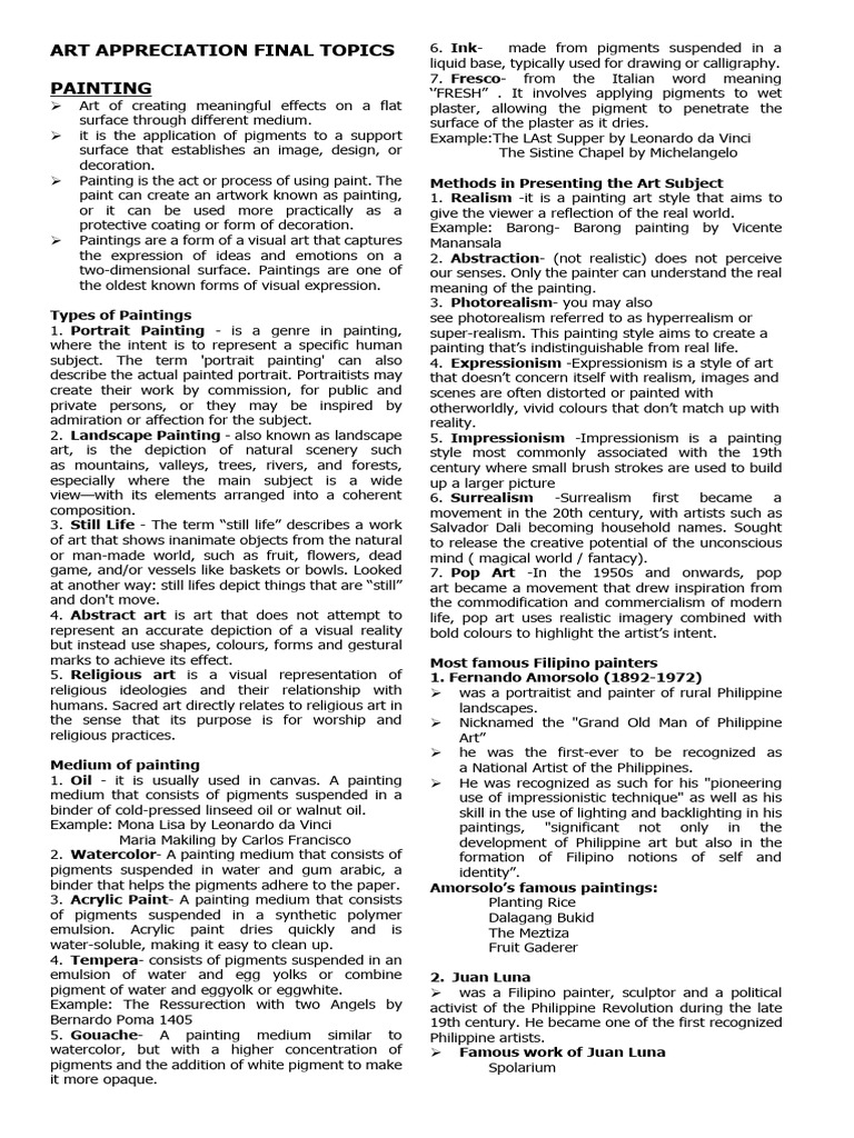 Art Appreciation Final Topics | PDF | Paintings | Weaving