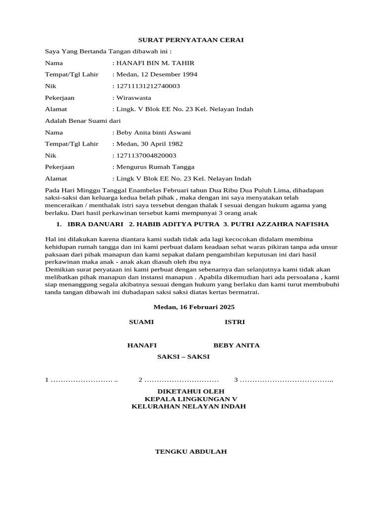 SURAT PERNYATAAN CERAI | PDF