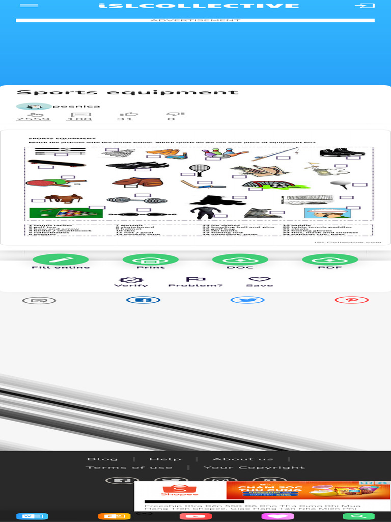 Sports Equipment English ESL Worksheets PDF & | PDF