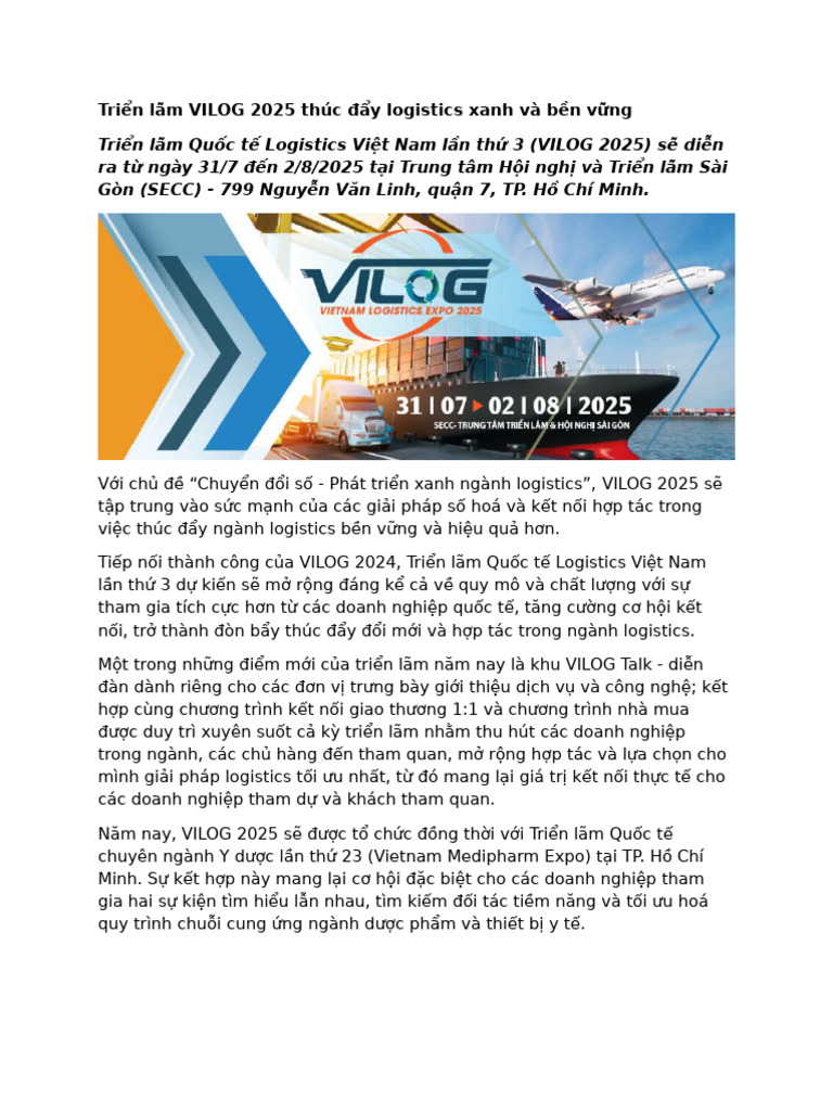 Triển lãm VILOG 2025 thúc đẩy logistics xanh và bền vững | PDF