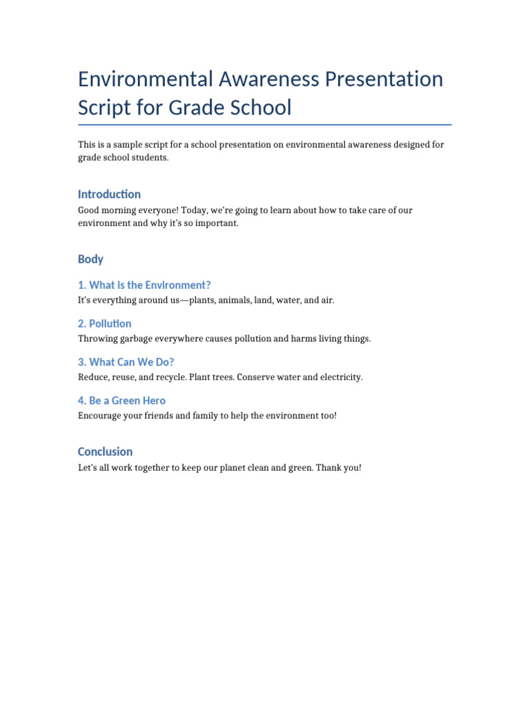 Environmental Awareness Presentation Script | PDF
