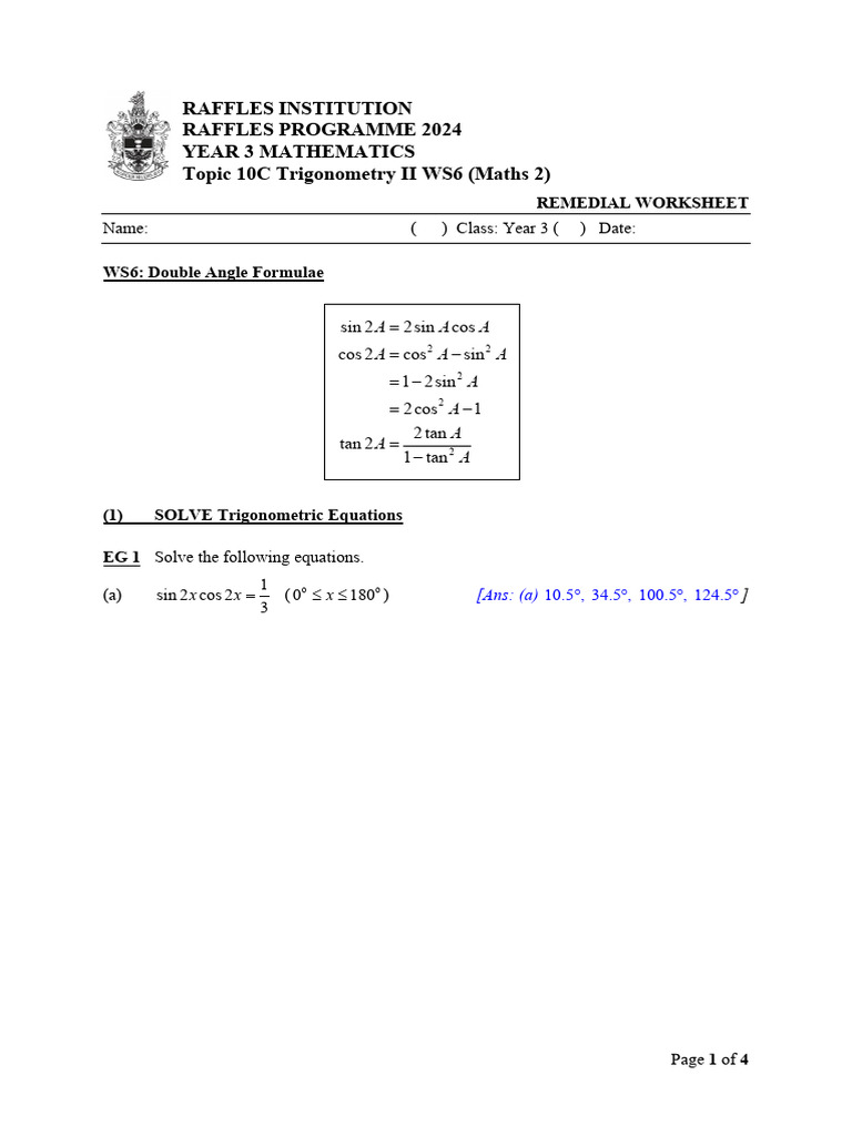 10C Trigonometry II Rem WS (WS6) PDF | PDF | Trigonometry | Elementary ...