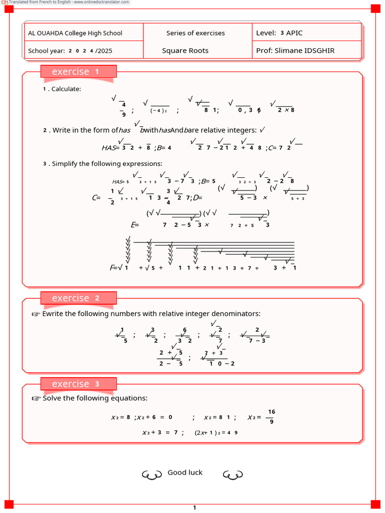 Square Roots Exercises for 3APIC Level | PDF | Square Root | Discrete ...