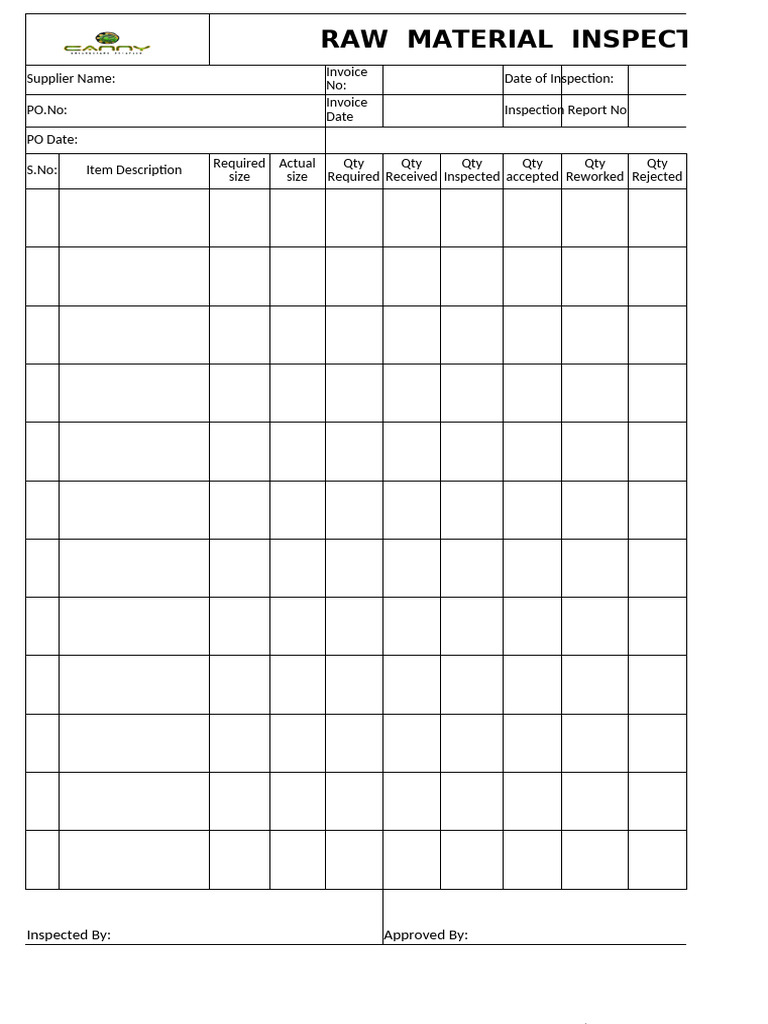 Raw Material Inspection Report Template | PDF