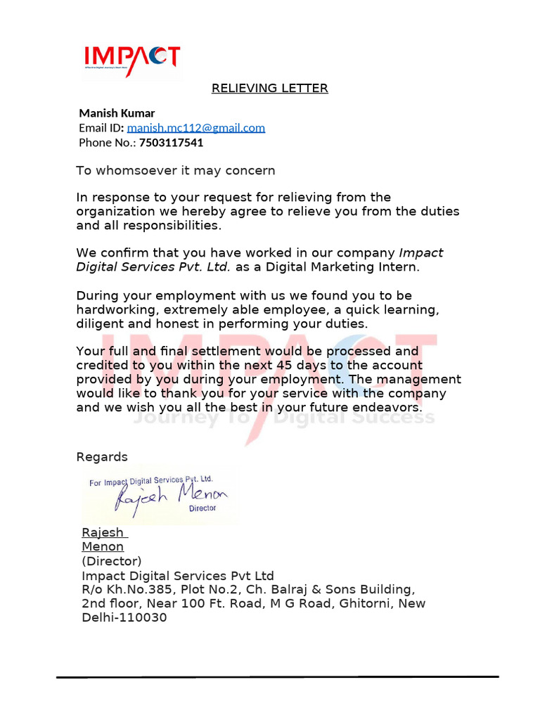 Manish Kumar Relieving Letter | PDF