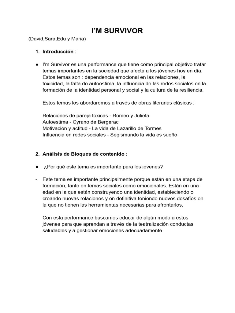 Performance "I’m Survivor": Temas Juveniles | PDF | Autoestima | Bailes