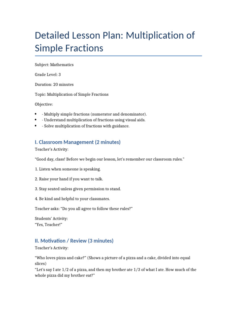 Multiplication of Simple Fractions Grade3 LessonPlan | PDF ...
