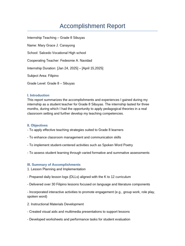 Internship Accomplishment Report | PDF | Mentorship | Classroom Management